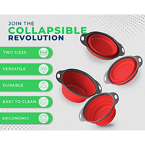 Ultimate Kitchen Strainers Set of 2 - Collapsible Silicone Colanders For Easy Storage by Comfify - Use with Pasta & Veggies or as a Fruit or Berry Bowl with Strainer - Irreplaceable for Campers - Red