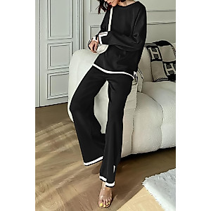 PRETTYGARDEN Women's 2 Piece Knit Sweater Set Casual Long Sleeve Pullover Wide Leg Pants Sweatsuit Tracksuit Outfit (Black,Medium)