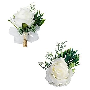 Dicanence 2 Pcs Flower Wrist Corsage Boutonniere Set Artificial Rose Bride Wristband Men Boutonniere Set Wedding Party Prom Suit Decoration for Groom Groomsman Best Man and Girl