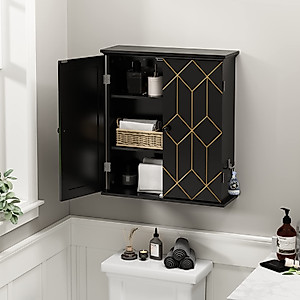 AZODY Bathroom Cabinet with Gold Trim, Wall-mounted Bathroom Storage Cabinet with Adjustable Shelves and Side hooks, Space Saver Medicine Cabinet for Livingroom, Laundry, Classical Black