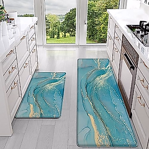 Sofort Anti Fatigue Kitchen Mats for Floor 2 Piece Set, Cushioned Memory Foam Kitchen Rug, Non Slip Waterproof Teal Marble Kitchen Mat, Comfort Standing Mats for Kitchen, Laundry, Office, Sink
