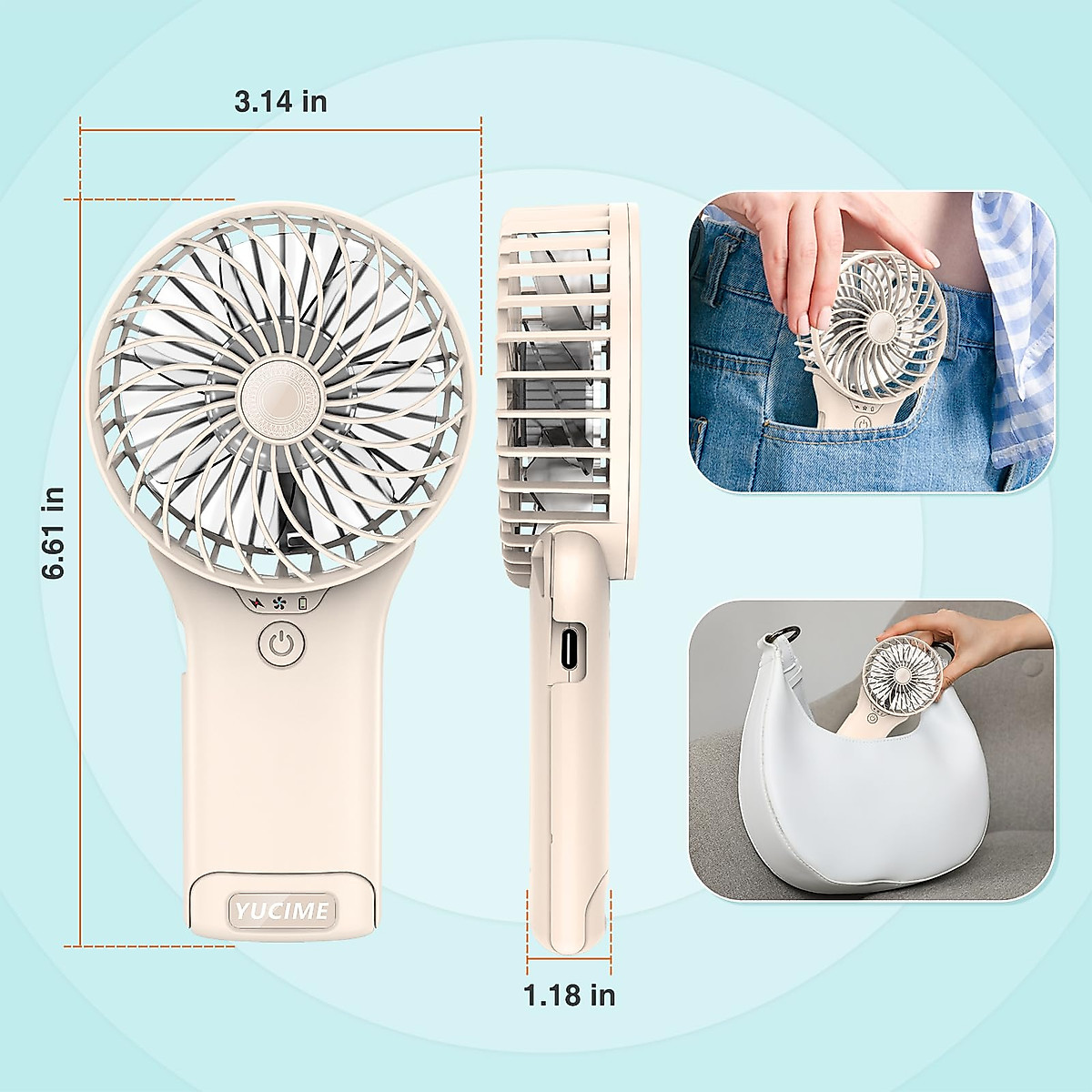 Yucime Handheld Portable Fan Desk Fan, Powerful Personal Fan 4 Adjustable Speed USB Recharging Battery Operated Mini Fan with Makeup Mirror for Stylish Girl Kids Women Men 1 Count (Pack of 1)