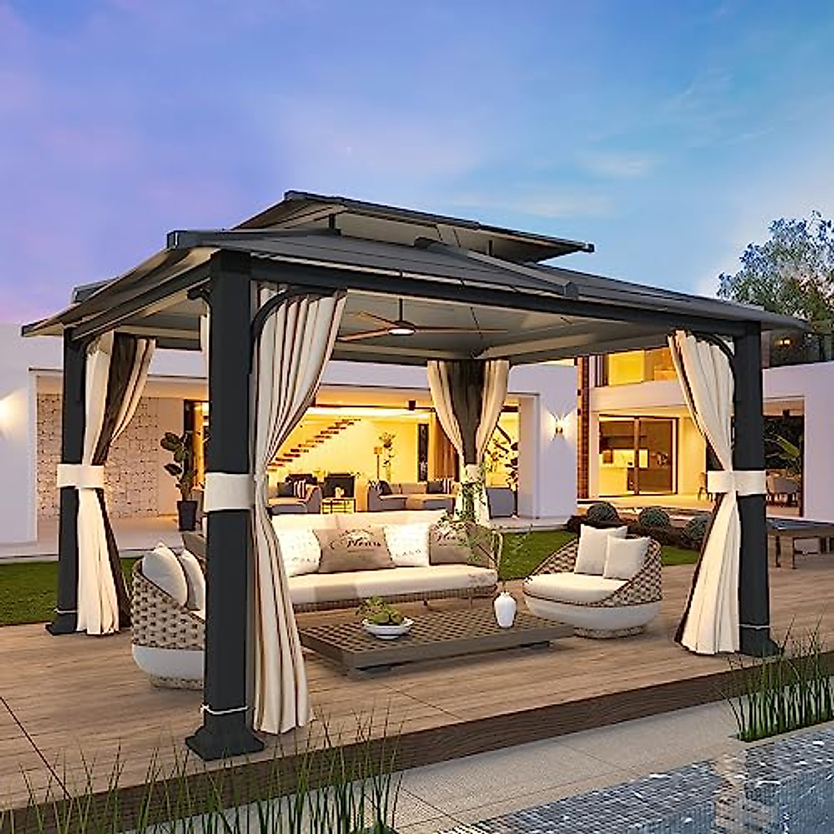 Erinnyees 12' x 14' Hardtop Gazebo,Iron Double Roof Gazebo with Curtains and Netting, Waterproof Canopy Gazebo with Anti-Rust Coating Frame for Patios, Gardens, Lawns, and Backyard