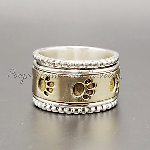 Paw Print Spinner Ring, Solid 925 Sterling Silver Ring, Brass Footprint Ring, Meditation Ring, Handmade Ring and Paw Symbol Spinner Ring for Women, Anxiety Ring, Mediation Ring and Fidget Spinner Ring