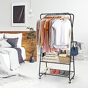 Giantex Metal Rolling Garment Rack, Clothing Rack with Wheels, Double Hanging Rods, 2 Shelves, 4 Hooks, Freestanding Clothes Organizer Rack with 2 Lockable Wheels for Bedroom, Balcony, Dorm, Black