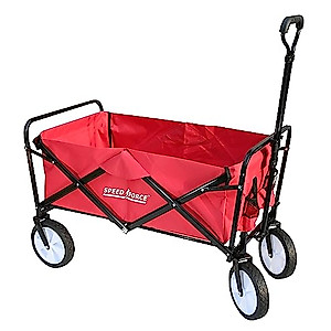 SPEEDFORCE Collapsible Folding Wagon, Utility Beach Wagon Cart, Side Pockets and Adjustable Handlebar, All Terrain Stroller Wagon for Outdoor Activities, Camping, Garden. Red
