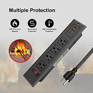 Recessed Power Strip with Type C 20W PD Fast Charge Desk Power Outlet 4 Outlets 2 USB and 1 USB C Built in Furniture Extension Power Plug for Dorm Office (Black)