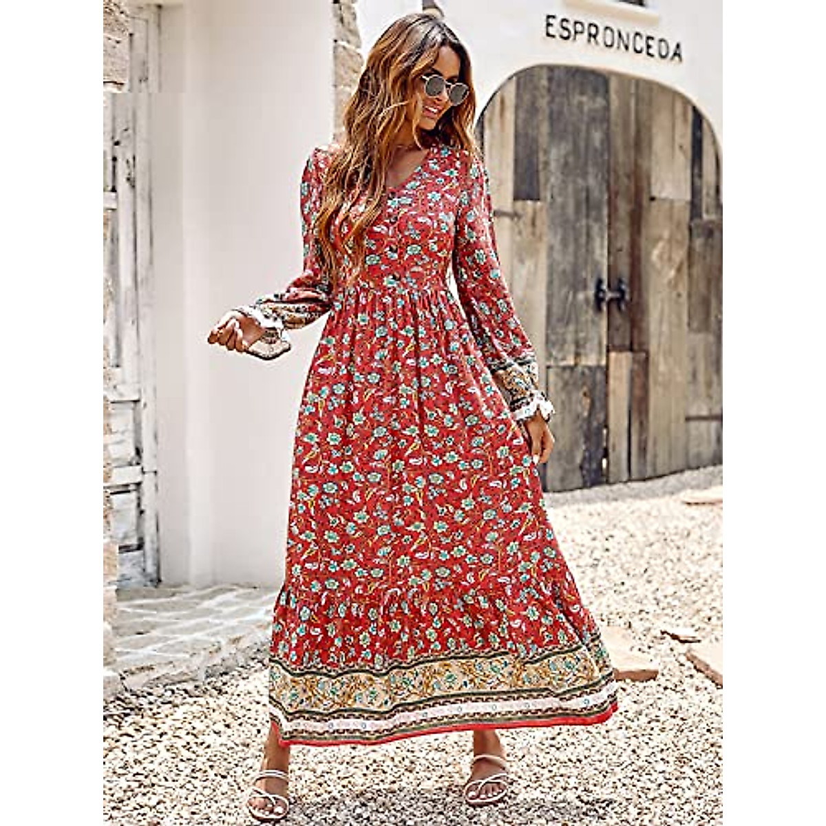 PRETTYGARDEN Women's Long Sleeve Floral Dress - V-Neck Casual Boho Fall Long Maxi Dresses for Wedding Guest (Red,Medium)
