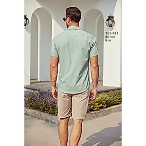 JINIDU Men Linen Shirts Short Sleeve Button Down Shirt Athletic Fit Dress Shirts Light Green