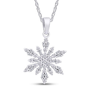 AFFY Baguette & Round White Cubic Zirconia Snowflake Charm Pendant Necklace in 14k White Gold Over Sterling Silver