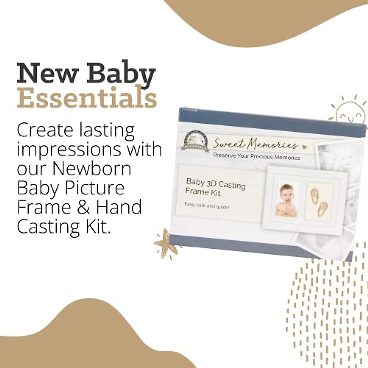 PLUSHIBLE Baby Handprint Footprint Keepsake Kit, New Mom, Grandma, For Mom, Baby Hand and Footprint Kit, Personalized, Baby Registry, Picture Frame, 3D Casting Kit, White Frame, Gold Prints