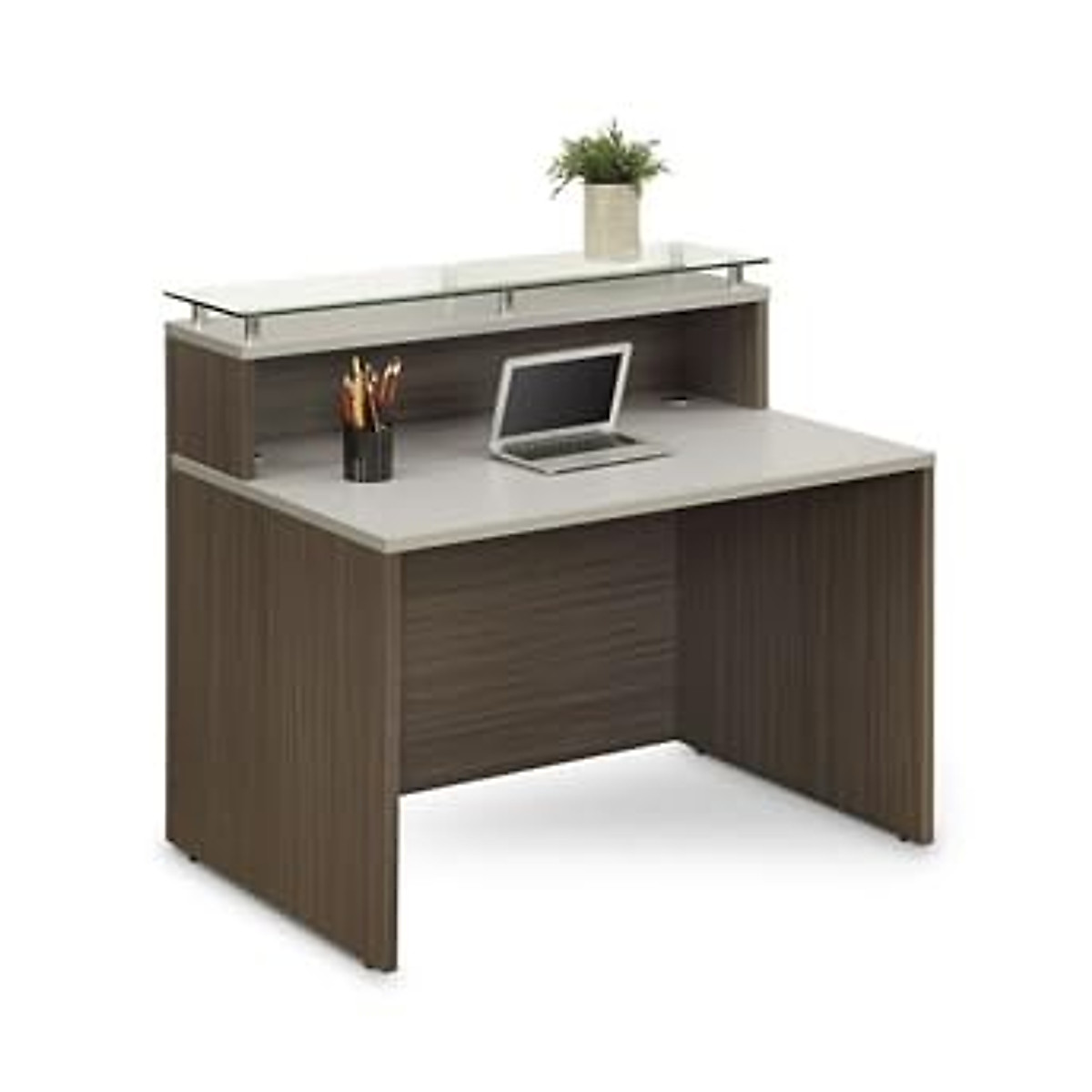 NBF Modern Small Reception Desk Counter Office Lobby Salon Durable Driftwood Laminate Cable Management Desk Compact 48" W x 32" D