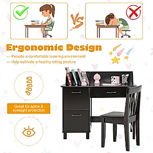 Costzon Kids Desk and Chair Set, Wooden Children School Desk with Hutch, Storage Drawer, Cabinets, Student Writing Desk for 3-8 Years Old, Kids Study Desk for Bedroom, Study Room (Dark Brown)