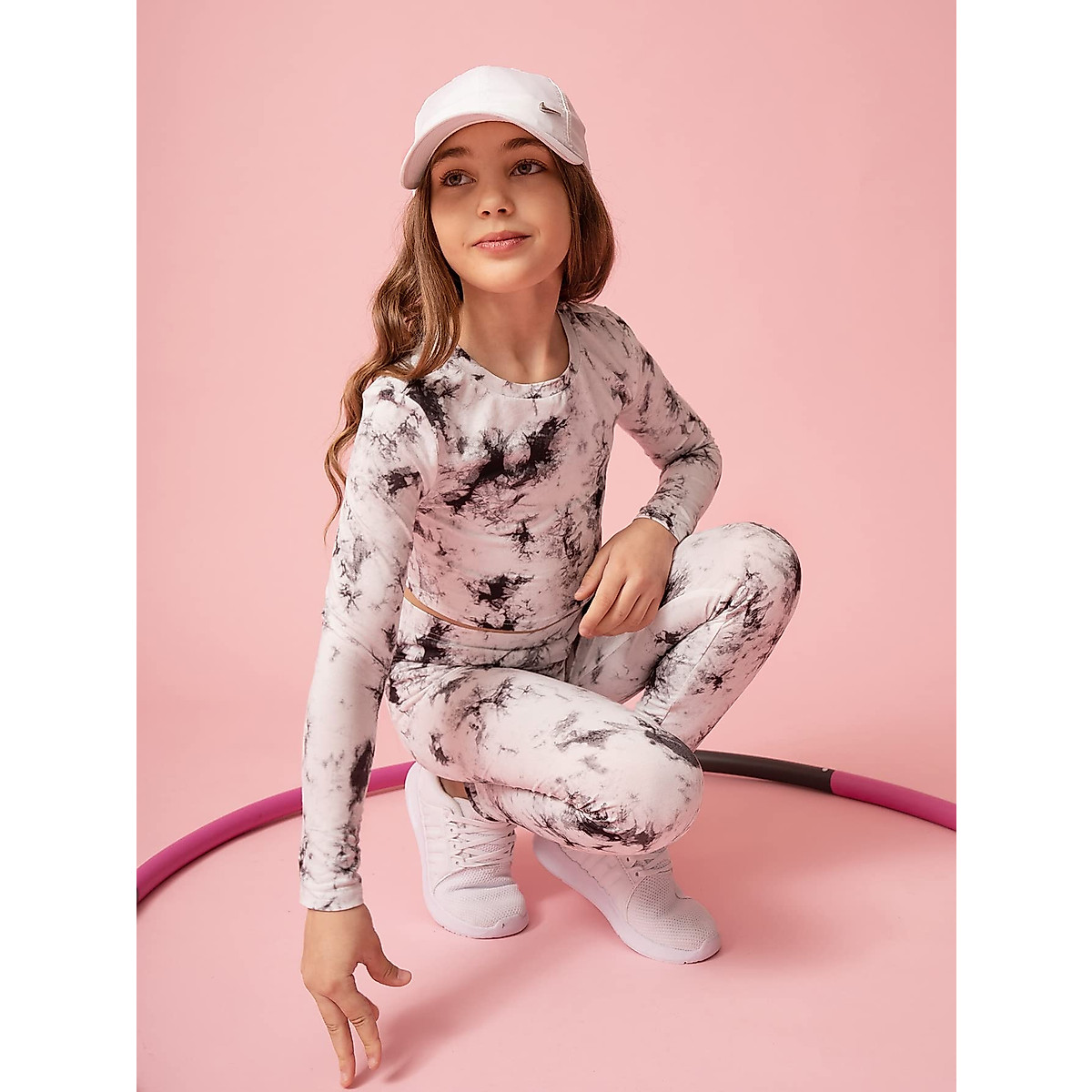 SOLY HUX Girl's 2 Piece Outfits Tie Dye Long Sleeve Tee Top and Leggings Set Black White 11-12Y