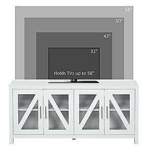 HOMCOM TV Cabinet Stand for TVs up to 58", Entertainment Center with Adjustable Shelves, 4 Glass Doors and 4 Cable Holes for Living Room, White
