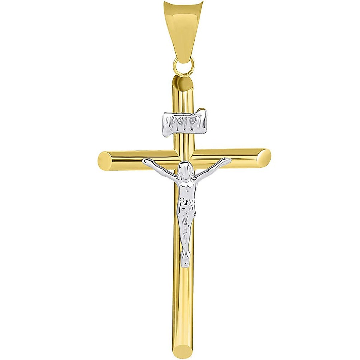 Jewelry America 14k Two Tone Gold Traditional Catholic Cross INRI Crucifix Pendant with Figaro Necklace, 24"