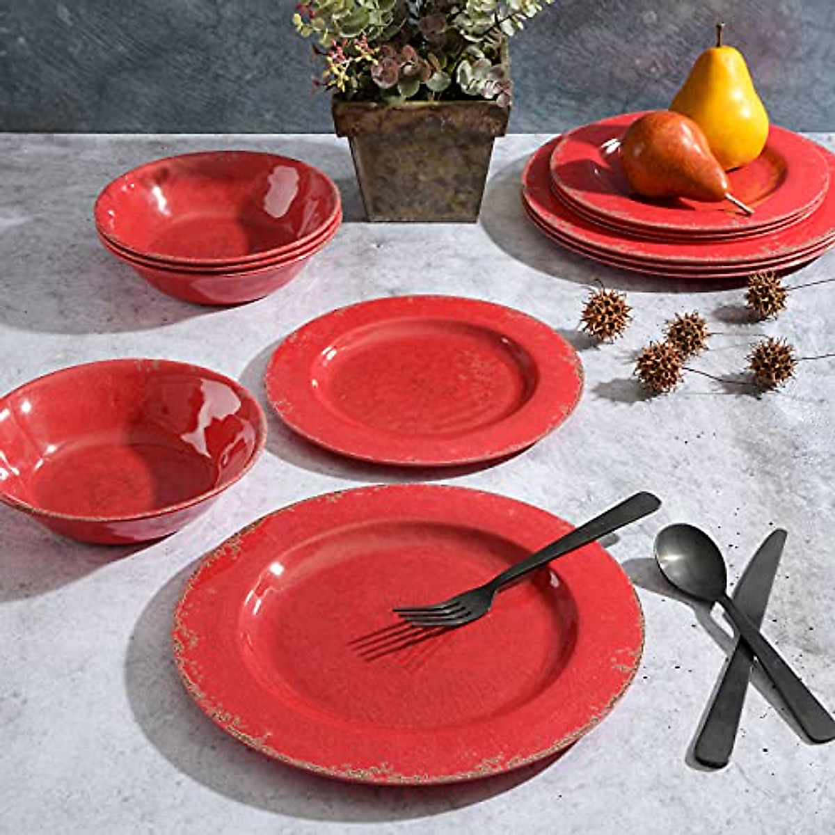 Gibson Home Mauna Melamine Plastic Dinnerware Set, Service for 4 (12pcs), Red Rustic