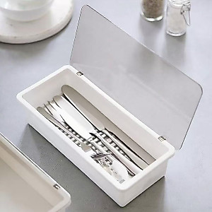 AIYoo Flatware Tray Kitchen Drawer Organizer With Lid And Drainer - Plastic Kitchen Cutlery Tray and Utensil Storage Container with Cover 12.5 Inch - Dinnerware Holder White
