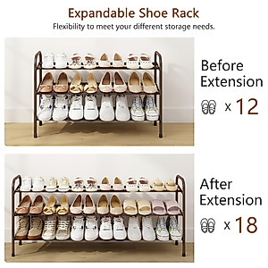 Gewudraw 3-Tier shoe organizer,shoe rack for closet,41.53'' Metal shelf for Bedroom, Entryway,Adjustable to 18 Pairs Shoes, Expandable,Brown