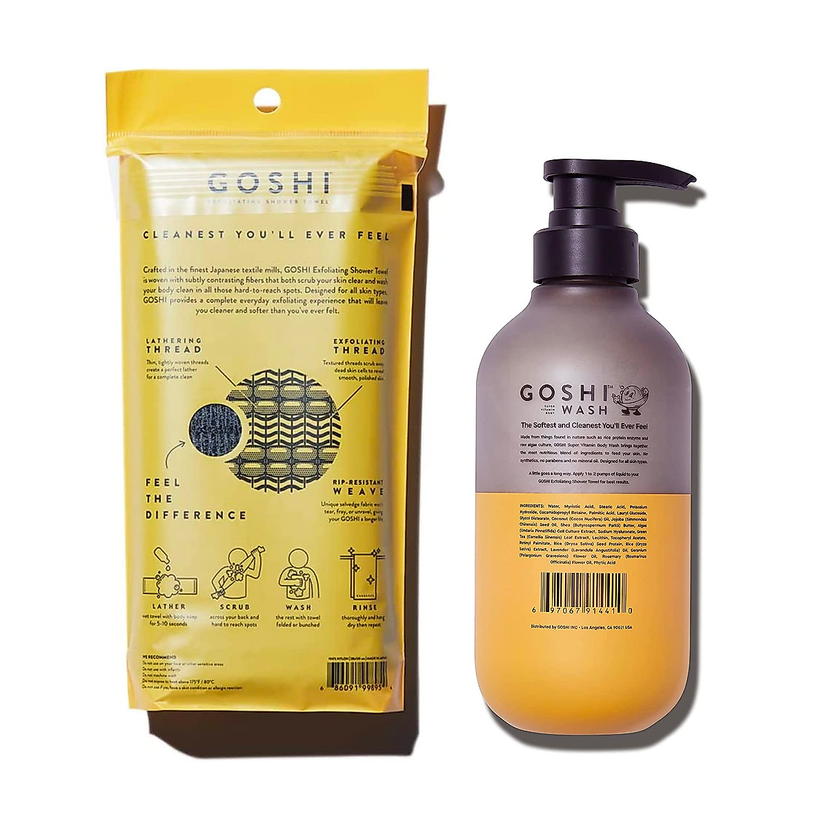 GOSHI Exfoliating Shower Towel and Super Vitamin Body Wash for Women and Men - Exfoliating Bath Set for All Skin Types