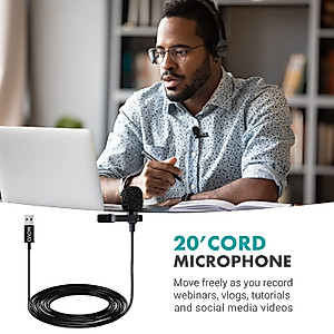 Movo M1 USB Lavalier Lapel Clip-on Omnidirectional Computer Microphone for Laptop, PC and Mac, Perfect Podcasting, Gaming, Streaming and Desktop Mic (20-foot Cord)