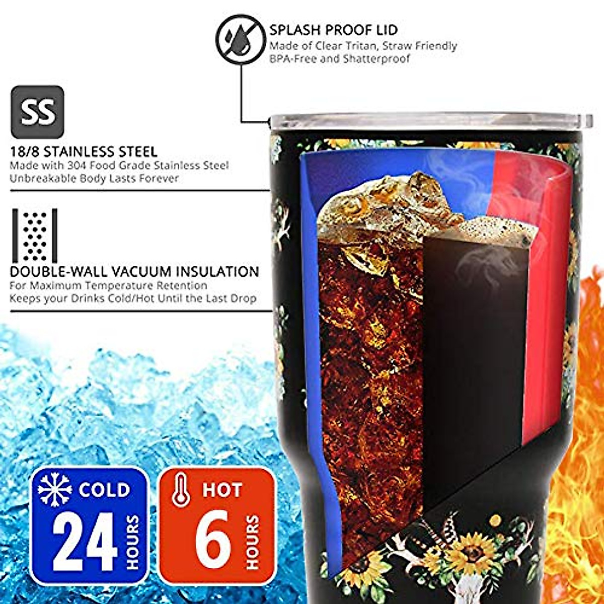 JIU HONG CHAO 30oz Sunflower Stainless Steel Tumblers Travel Cofee Mugs with Lid Sun Flower Cups Cow Skull Insulated Cup Sunflower Gifts for Women Adults (Bullskull flower)