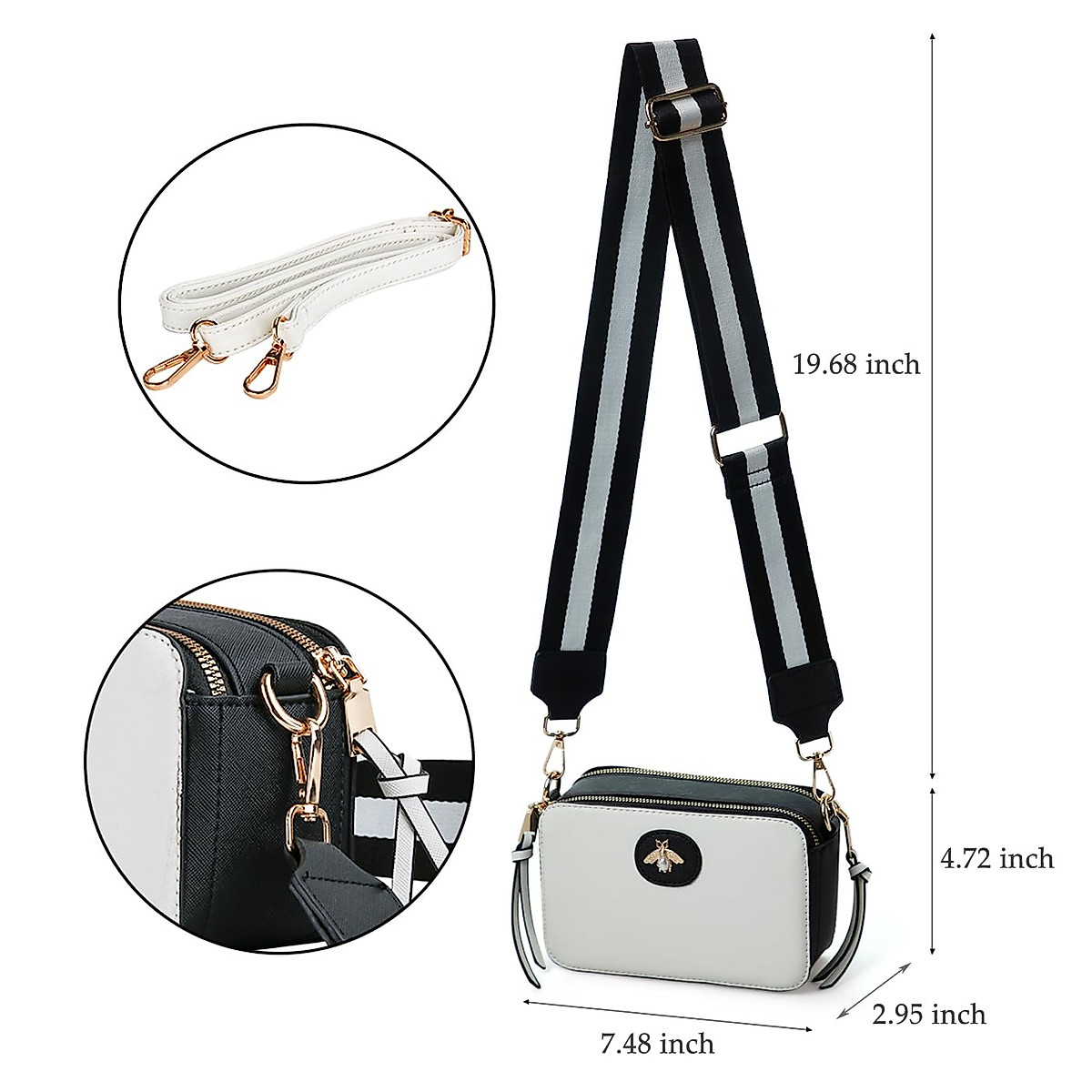 Ophlid Bee Purse Camera Crossbody Bags for Women Trendy Small Snapshot Bag Wide Strap Leather Shoulder Clutch Handbags White