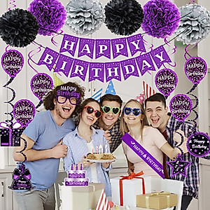 Birthday Decorations Purple Black, Happy Birthday Party Decorations for Women Girls Men Boys, Happy Birthday Banner, Double-Sided Bday Pattern Card, Birthday Sash, Pompoms,Hanging Swirl Bday Decor Set