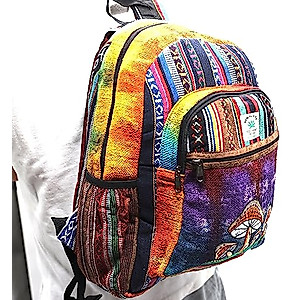 Unique Mushroom Embroidered Tie Dye Himalaya Hemp Hippie Backpack Festival Backpack Hiking FAIR TRADE Handmade with Love. (LARGE)