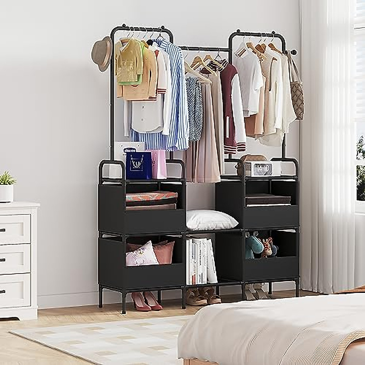 Laiensia Clothes Rack,3 Rods Portable Clothing Hanging Garment Rack,Coat and Shoe Rack with 4 Storage Shelves and 4 Storage Pockets,for Bedroom,Entryway,Living room,Black