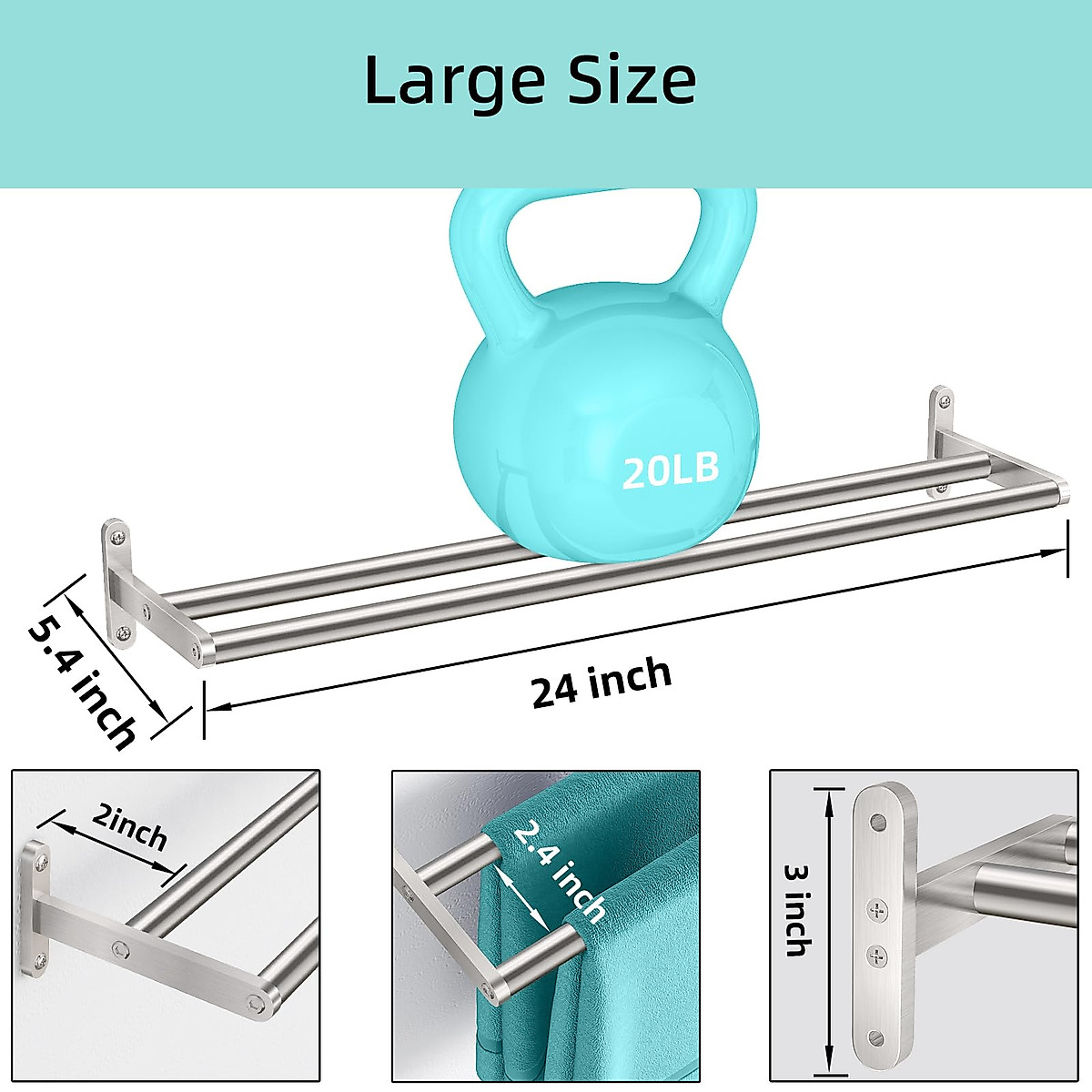Double Towel Bars, Taaji 24 Inch Bath Towel Rack for Bathroom, Stainless Steel Wall Mounted Double Towel Rods Long Bar, Towel Rail Hanger for Bathroom Wall, Brushed