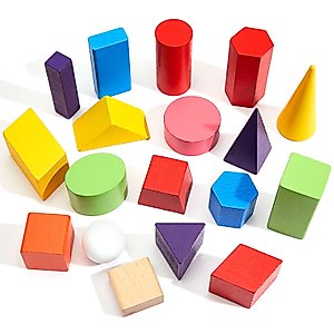 18 Pcs 3D Shapes Geometric Solids Wooden Large Size Colorful Geometric Shapes Blocks Set Montessori Learning Toys Multicolored Pattern Blocks Solid for Preschool Elementary Home School Supplies