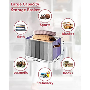 Rustic Wood Purple Cube Storage Organizer Bins with Handles,1PC Collapsible Canvas Cloth Fabric Storage Basket,Farmhouse Ombre Grey White Color Books Kids' Toys Bin Boxes for Shelves,Closet
