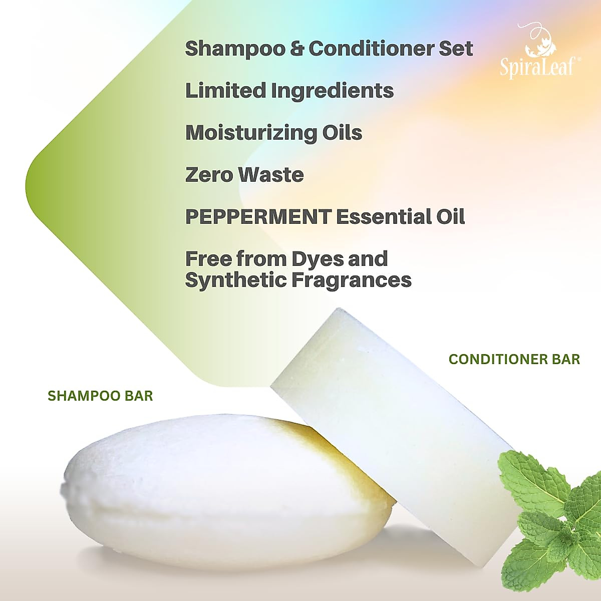 SpiraLeaf Shampoo Bar & Conditioner Bar Set, PEPPERMINT Pure Essential Oils, Light Scent, Limited Ingredients, Concentrated Formula, Made USA, Zero Waste, Color-Fragrance Free, Travel Ready