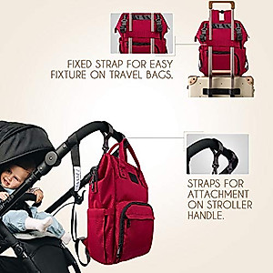 Qipi Diaper Bag - Spacious & Smart Multi-Function Nappy Bag w/ Changing Pad - Ruby Red