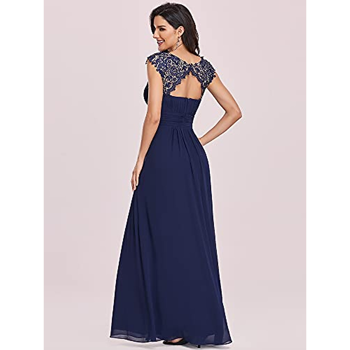 Ever-Pretty Maxi Long Chiffon Wedding Guest Dresses for Women Lace Formal Dresses Navy Blue US18