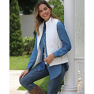 Fuinloth Women's Quilted Vest, Stand Collar Lightweight Zip Padded Gilet White XL