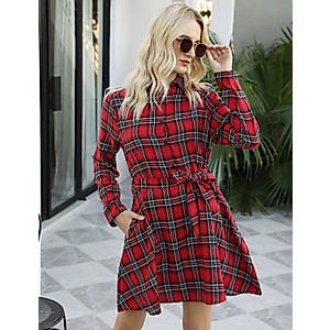FANCYINN Womens Christmas Plaid Dresses Flannel Button Down Long Sleeve Shirt Dress Winter Casual Dresses Mini Dress with Pockets Red & White & Black L