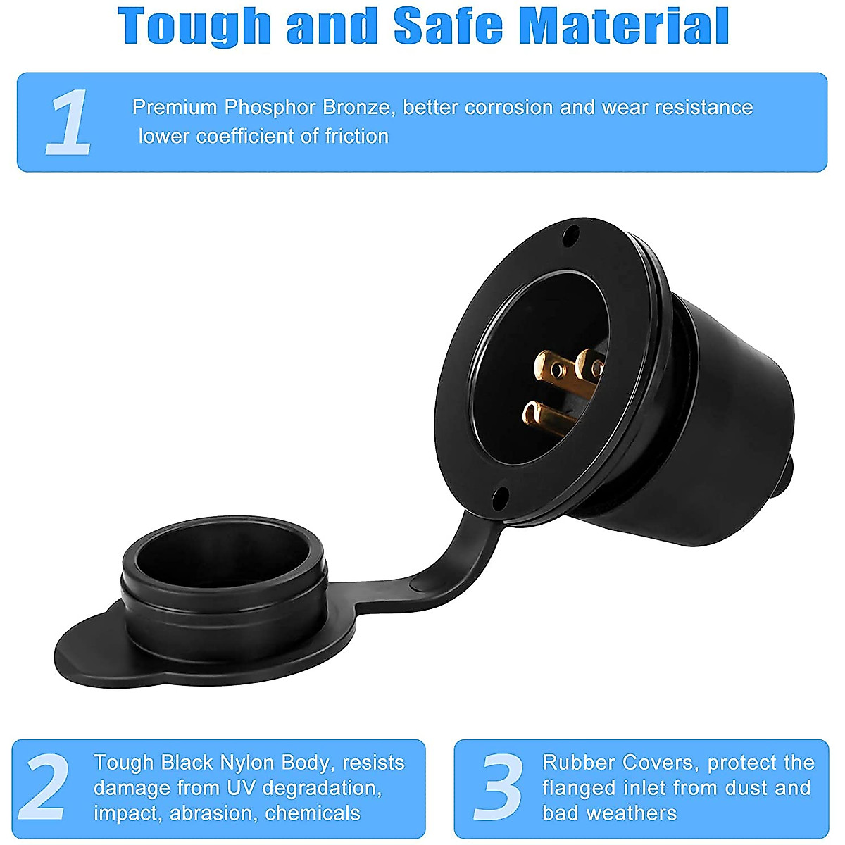 WAWETA 15 Amp Flanged Inlet 125V, Shore Power Inlet with Waterproof Cover, NEMA 5-15 AC Port Plug 2 Pole 3-Wire Generator Male Receptacle for Marine Boat RV Shed Electrical Extension