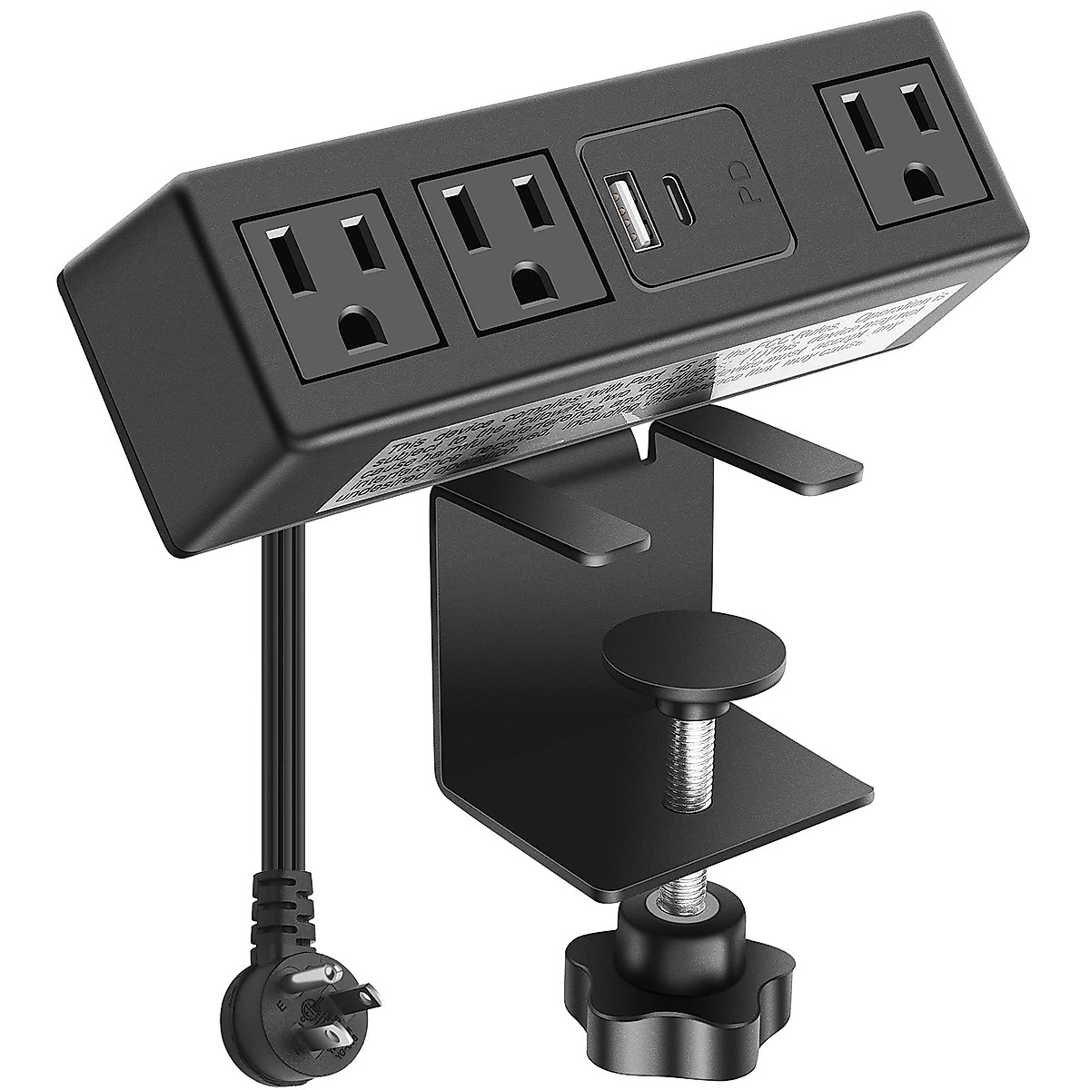 CCCEI Desk Clamp Power Strip with PD 3.0 Fast Charging USB C Port, on Desktop Mount Widely Spaced Outlet 6 FT Flat Plug, Fit 1.6 inch Tabletop Edge Thick, 125V 12A 1500W (Black)