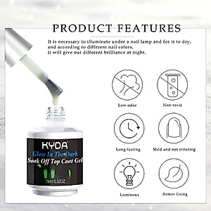KYDA 15ml Glow In The Dark Nail Gel Top Coat, Luminous Nail Gel Top Coat for Nail Art, Transparent Universal Nail Gel Seal Top Coat, UV LED Nail Gel Polish, 0.52 fl oz