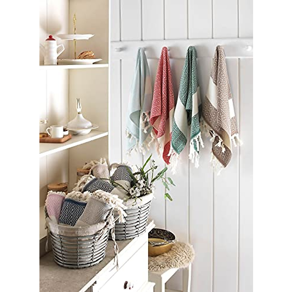 sea me at home 2 Pack Decorative Turkish Hand Towels for Bathroom with Bohemian Design (Set of 2), 100% Turkish Cotton Farmhouse Boho Kitchen Towel Set, 16 x 36 Inches (Light Gray)