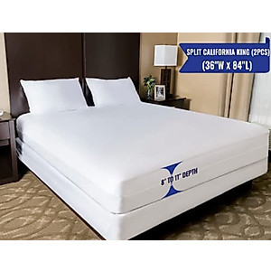 Split California King (2PC) Mattress or Box Spring Encasement (8"-11" Depth) Waterproof Zippered Protector Hypoallergenic Premium Bedbug Cover Protects from Dust White