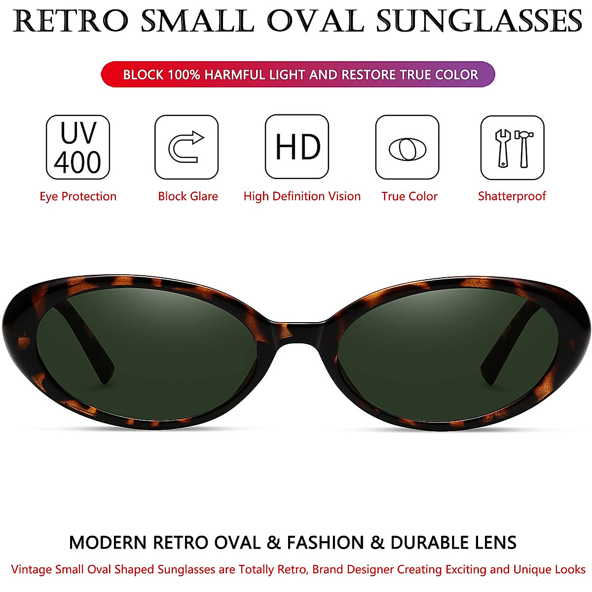 AIEYEZO Retro Oval Sunglasses for Women Fashion Small Oval Frame Sun Glasses 90s Vintage Style Shades (Black + Leopard/Green)