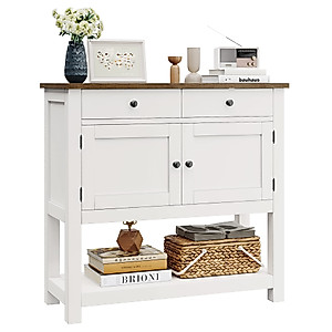 HOSTACK Farmhouse Console Table with 2-Door Cabinet & 2 Drawers, Coffee Bar, Entryway Table with Storage Shelf, Sofa Tables Buffet Sideboard for Kitchen, Hallway, Dining, Living Room, White