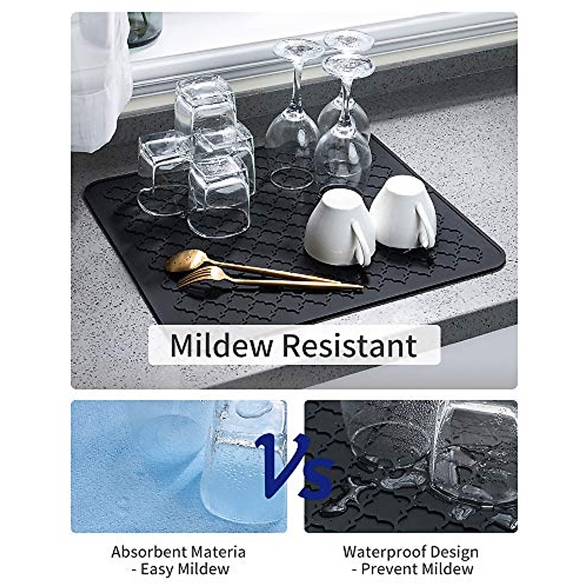 AMOAMI-Dish Drying Mats for Kitchen Counter Heat Resistant Mat Kitchen Gadgets Kitchen Accessories (12" x 16, BLACK)