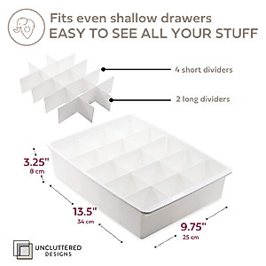 Uncluttered Designs Adjustable Drawer Dividers — Customizable Organization for Utility & Junk Drawers — Storage Solution for Kitchen and Office (White, 3 Pack)