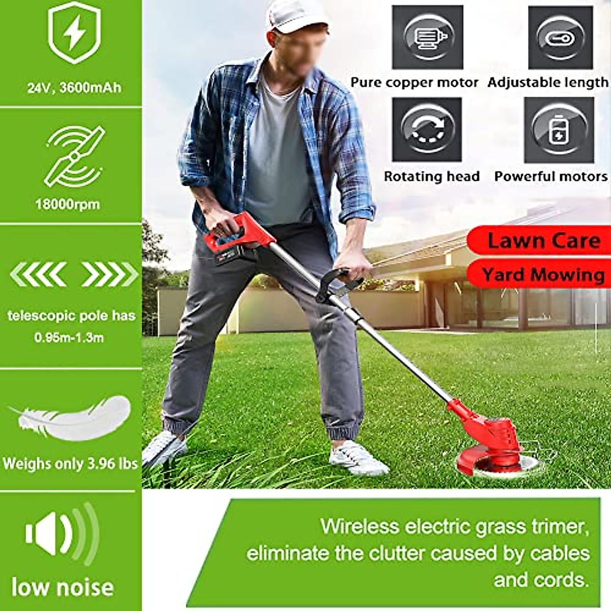 Cordless String Trimmer Electric Weed Eater Battery Powered 24v Weed Wacker 3-in-1 Cutting Tool 17 Blades Lawn Trimmer Edger Height Adjustable Low Noise Brush Cutter for Lawn, Yard, Garden, Bush