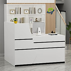 FAMAPY Modern Reception Desk Counter Desk for Retail & Checkout, Front Counter Table, L-Shaped, Black Tapes, Large Storage, for Office Boutique Lobby White (55.1”W x 23.6”D x 43.3”H)