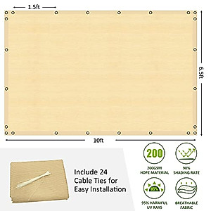 Hanjet 90% Sun Shades Cloth Outdoor for Garden, 6.5 x 10 Feet, Water Permeable & UV Resistant Shade Sail for Patio, Balcony, Trampoline and Canopy, Beige